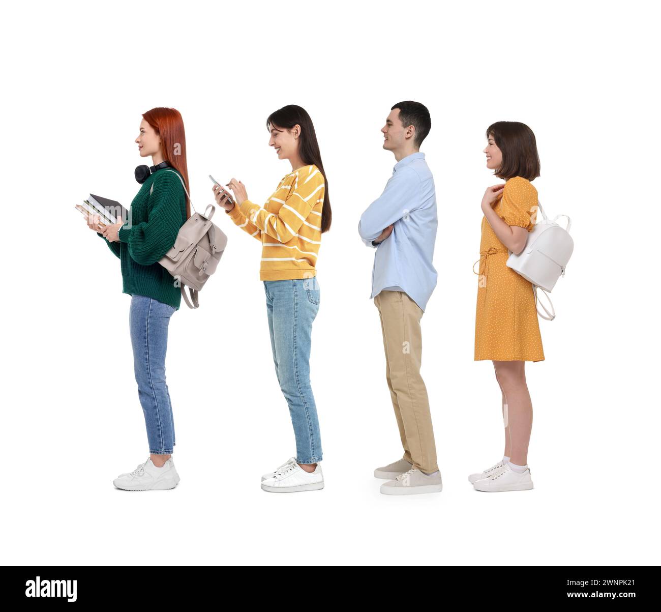 People waiting in queue on white background Stock Photo - Alamy