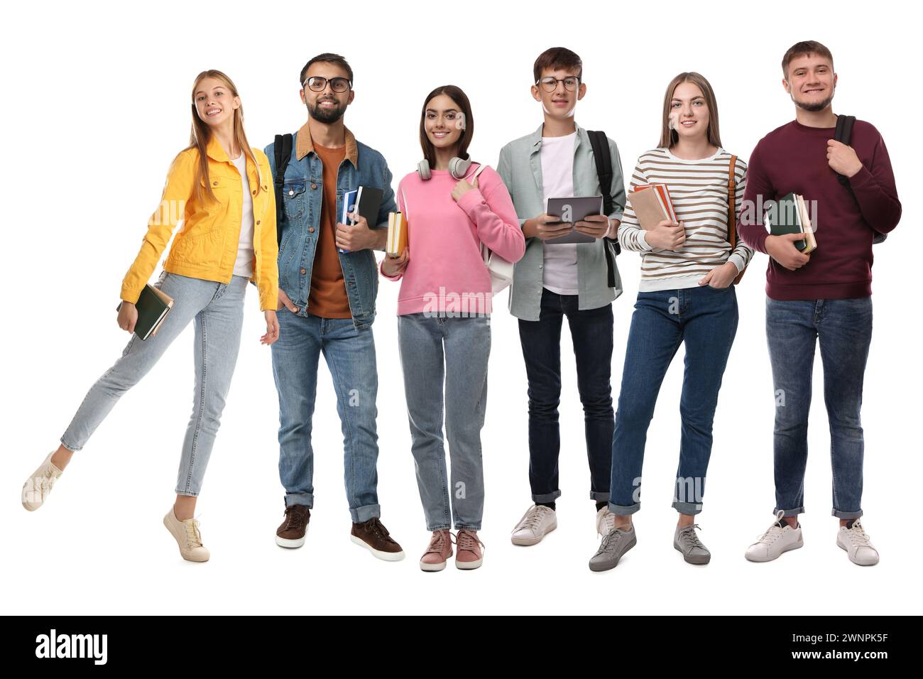 Group of happy students on white background Stock Photo - Alamy