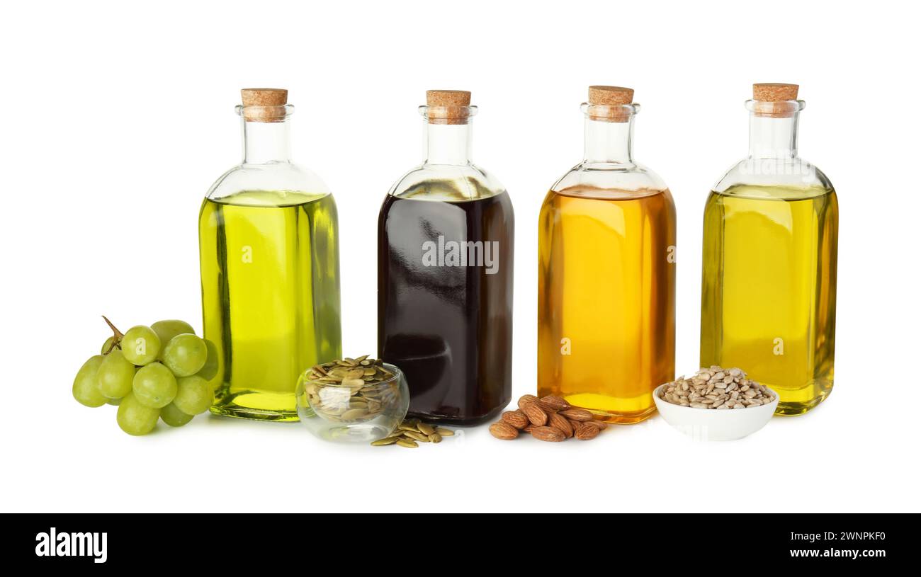 Vegetable fats. Bottles of different cooking oils and ingredients ...