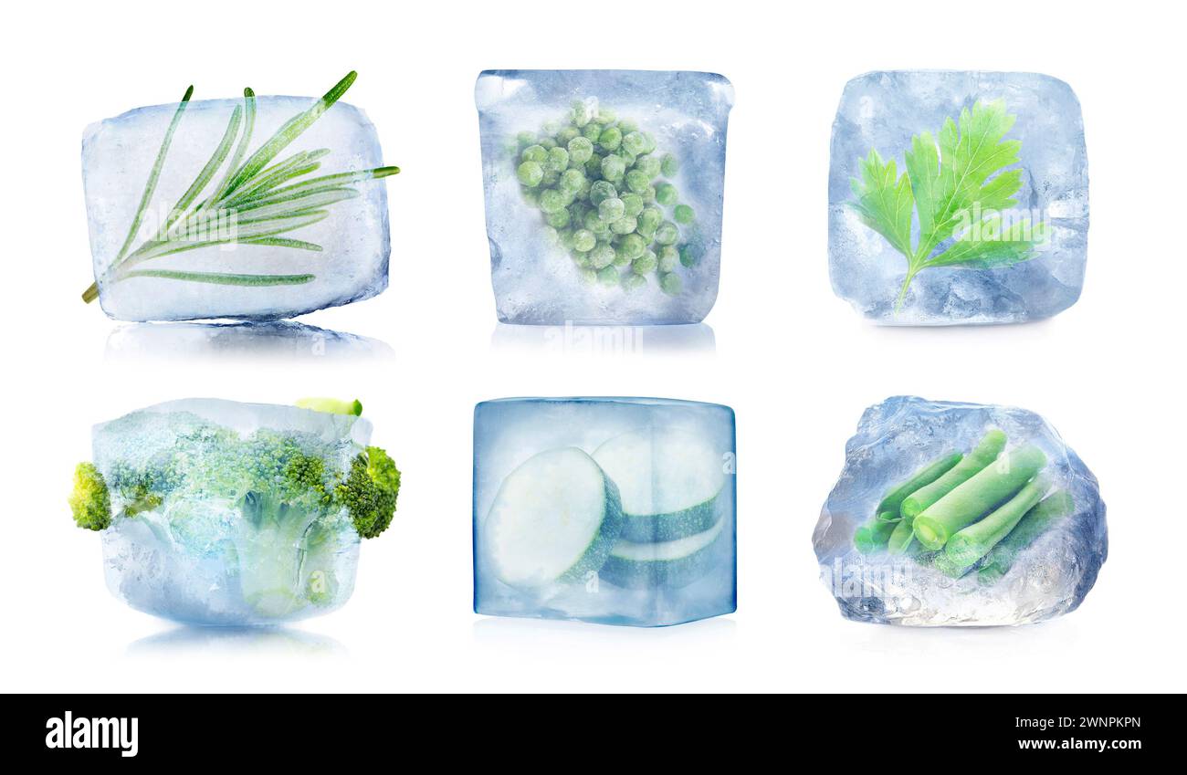 Frozen food. Different vegetables and herbs in ice cubes isolated on white, set Stock Photo - Alamy