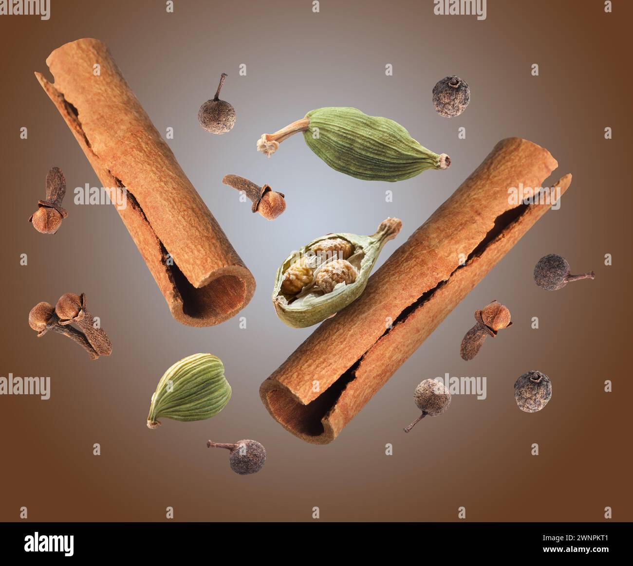 Cinnamon sticks and other aromatic spices falling on gradient ...