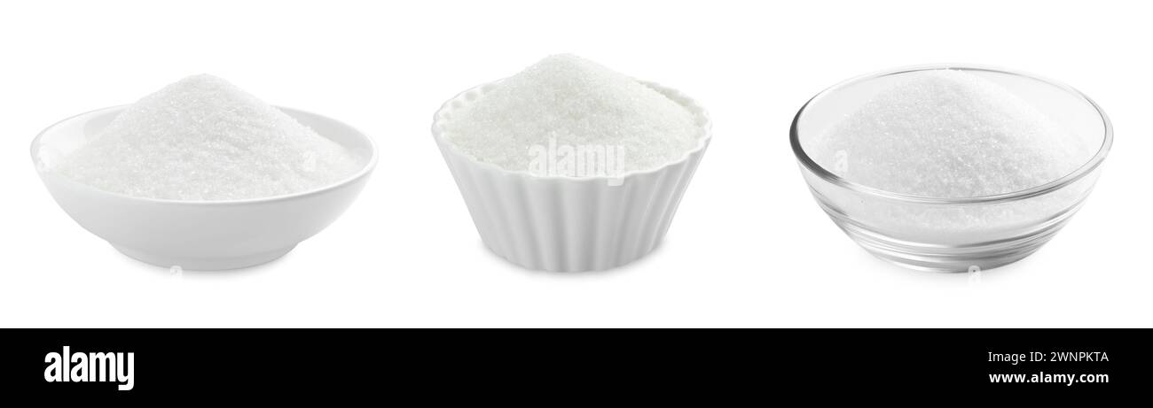Granulated sugar in bowls isolated on white, set Stock Photo - Alamy