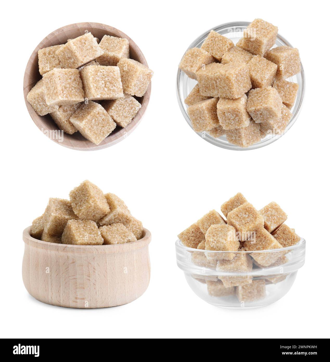 Brown sugar cubes in bowls isolated on white, top and side views Stock ...