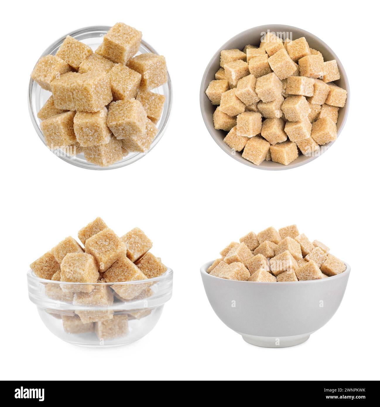 Brown sugar cubes in bowls isolated on white, top and side views Stock ...