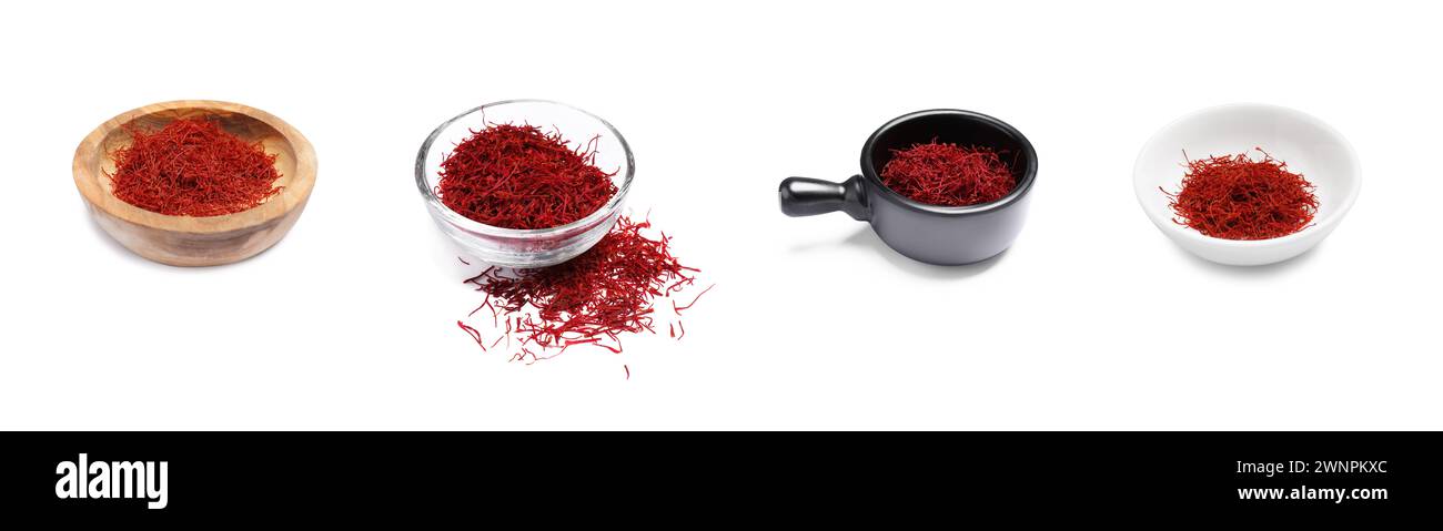 Aromatic saffron in dishes isolated on white, set Stock Photo - Alamy