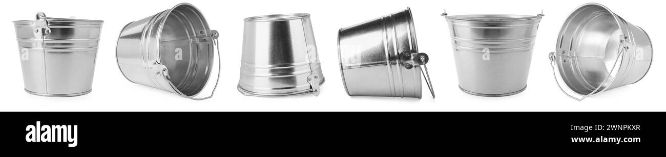Shiny metal buckets isolated on white, set Stock Photo - Alamy