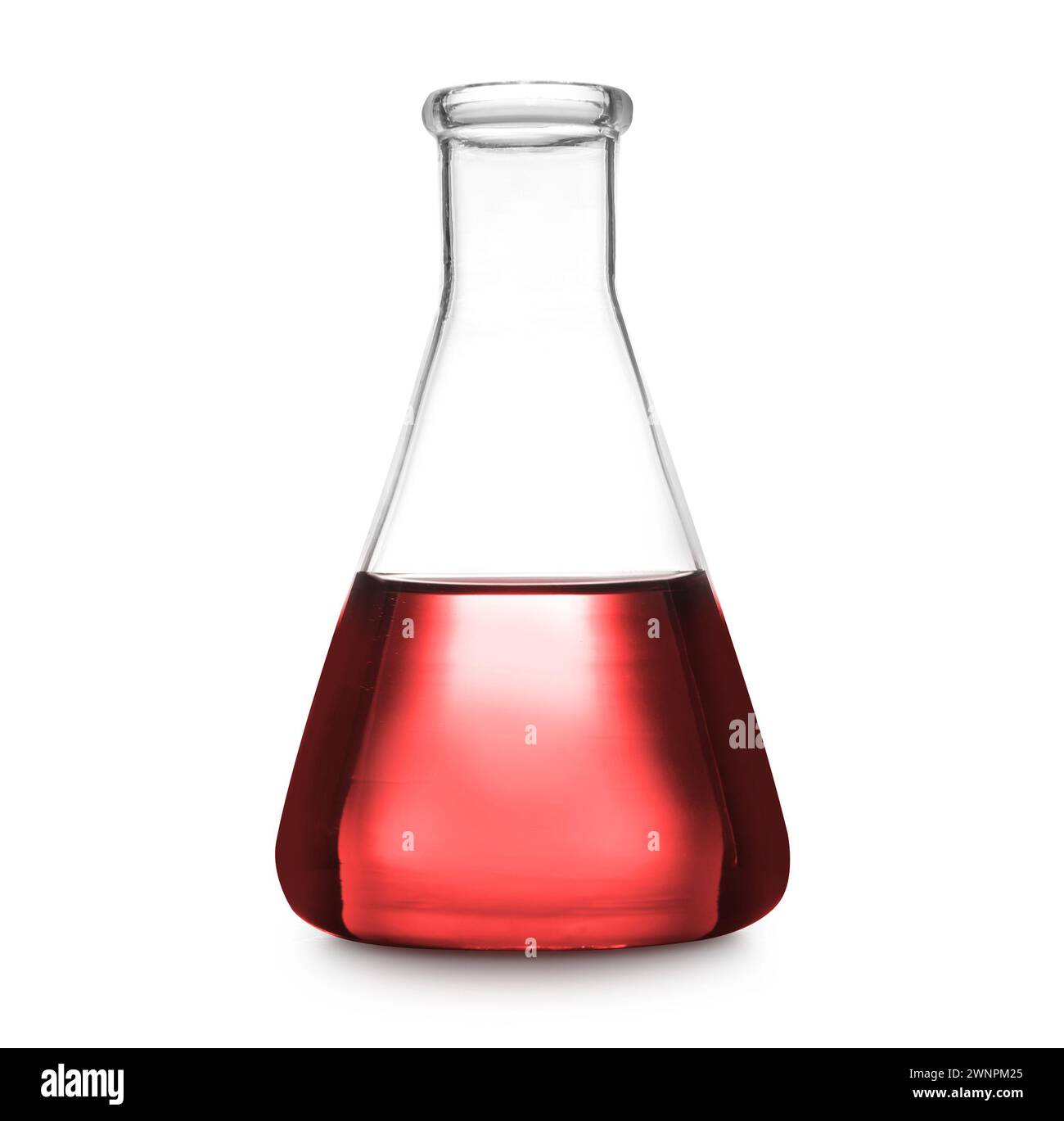 Conical flask with red liquid isolated on white. Laboratory glassware ...