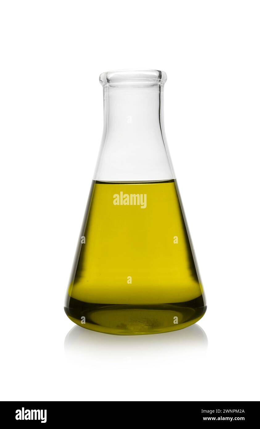 Conical flask with yellow liquid isolated on white. Laboratory ...