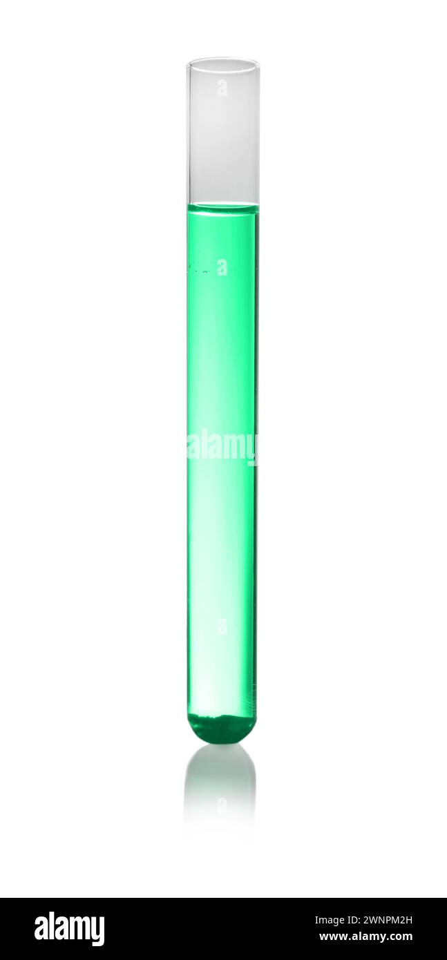 Test tube with green liquid isolated on white. Laboratory glassware ...