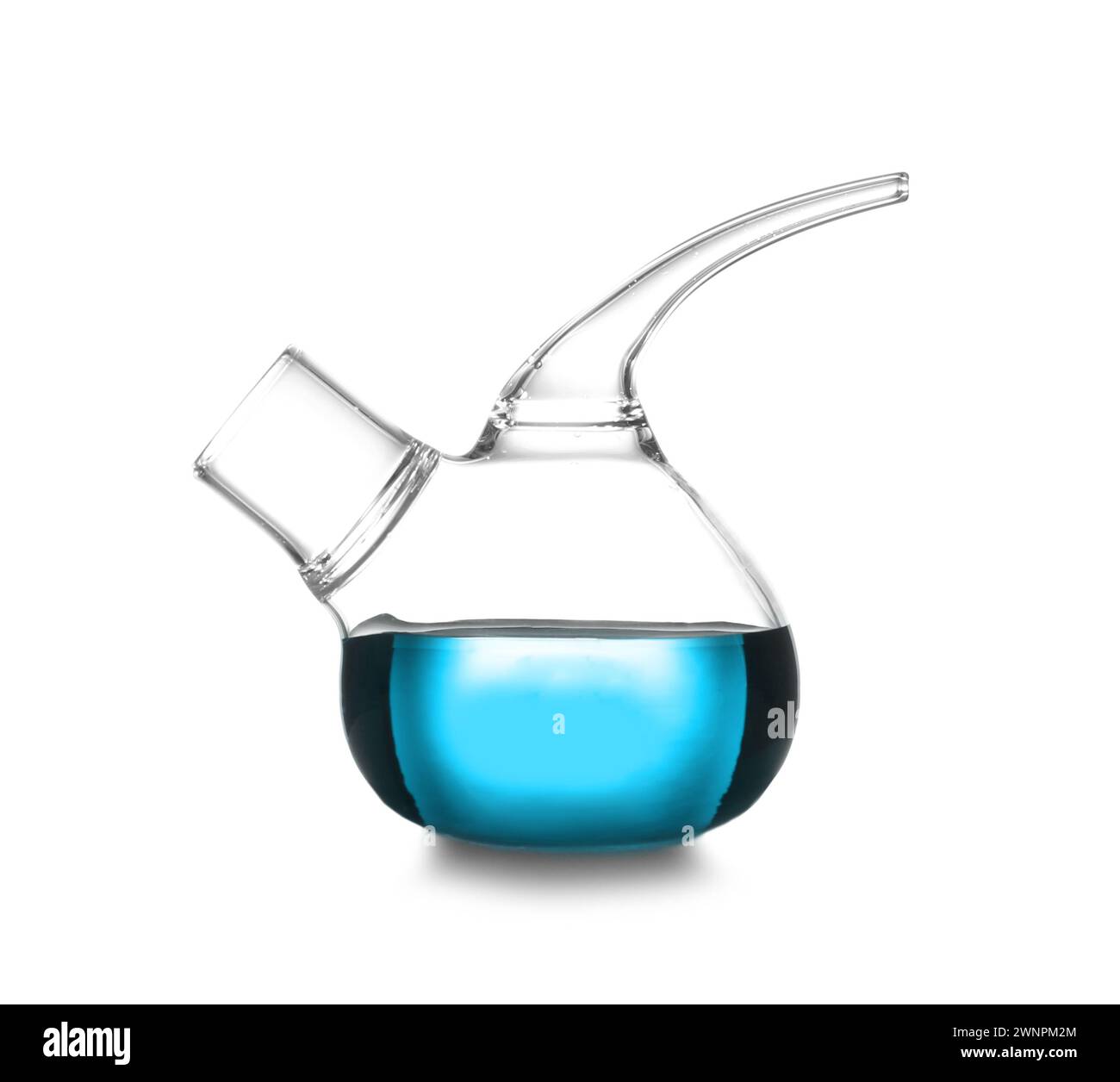 Retort flask with light blue liquid isolated on white. Laboratory ...