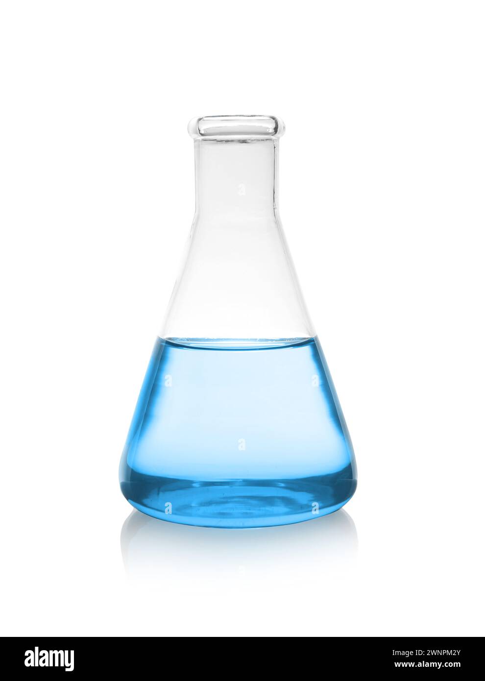 Conical flask with blue liquid isolated on white. Laboratory glassware ...