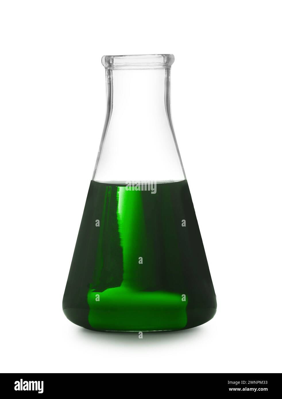 Conical flask with green liquid isolated on white. Laboratory glassware ...