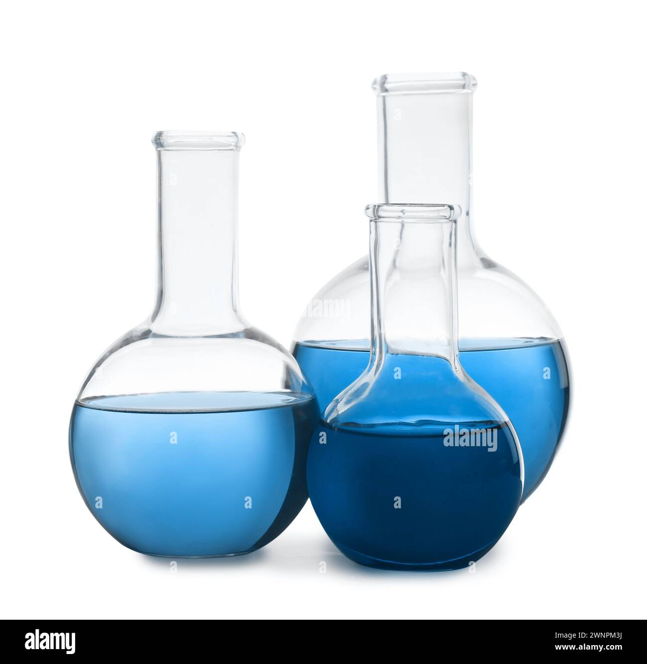 Boiling flasks with blue liquid isolated on white. Laboratory glassware ...