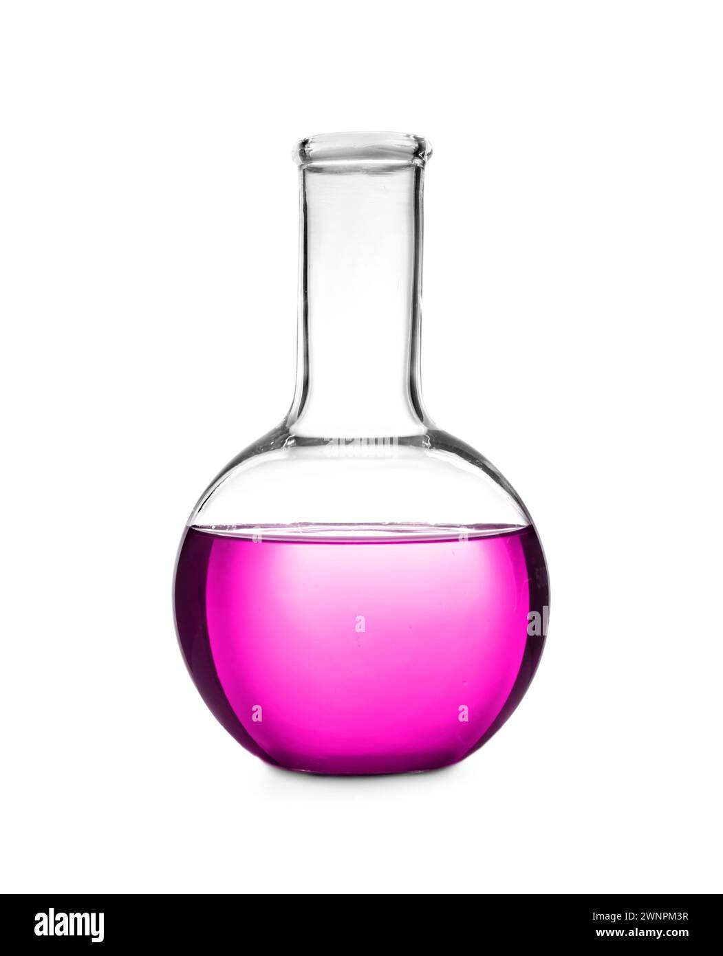 Boiling flask with pink liquid isolated on white. Laboratory glassware ...