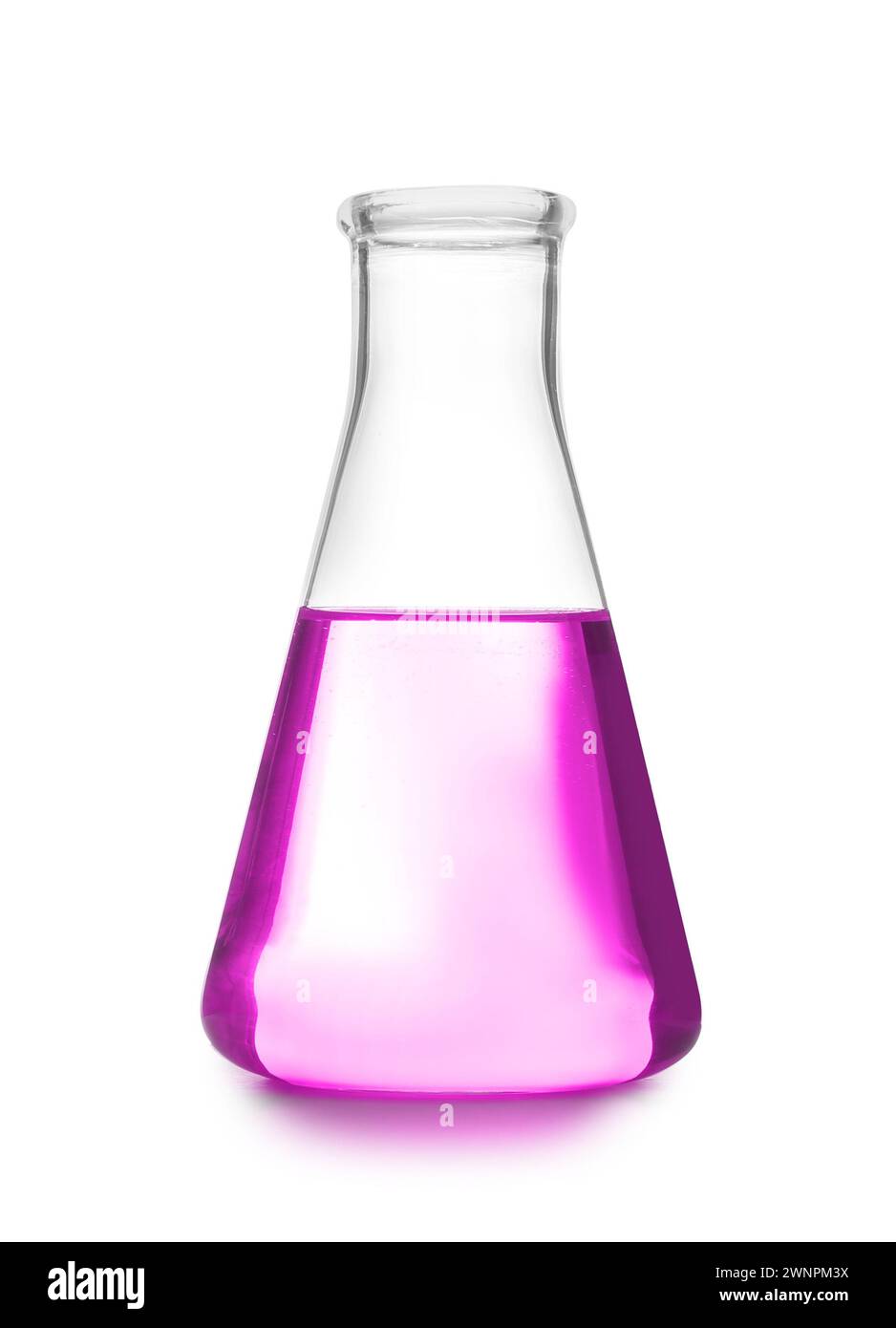 Conical flask with pink liquid isolated on white. Laboratory glassware ...