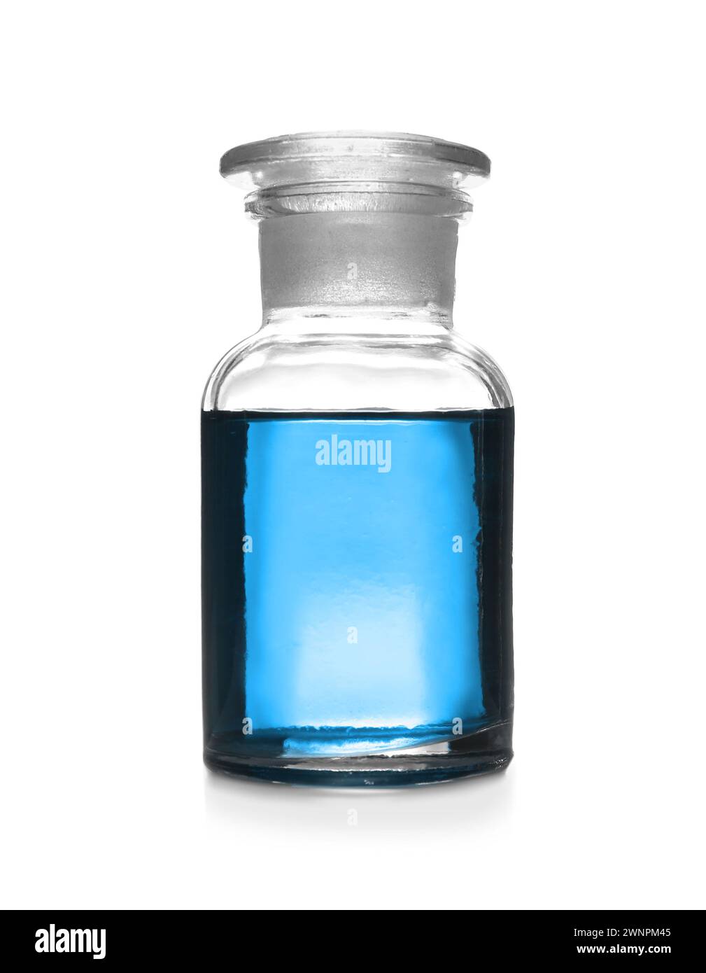 Reagent bottle with blue liquid isolated on white. Laboratory glassware ...