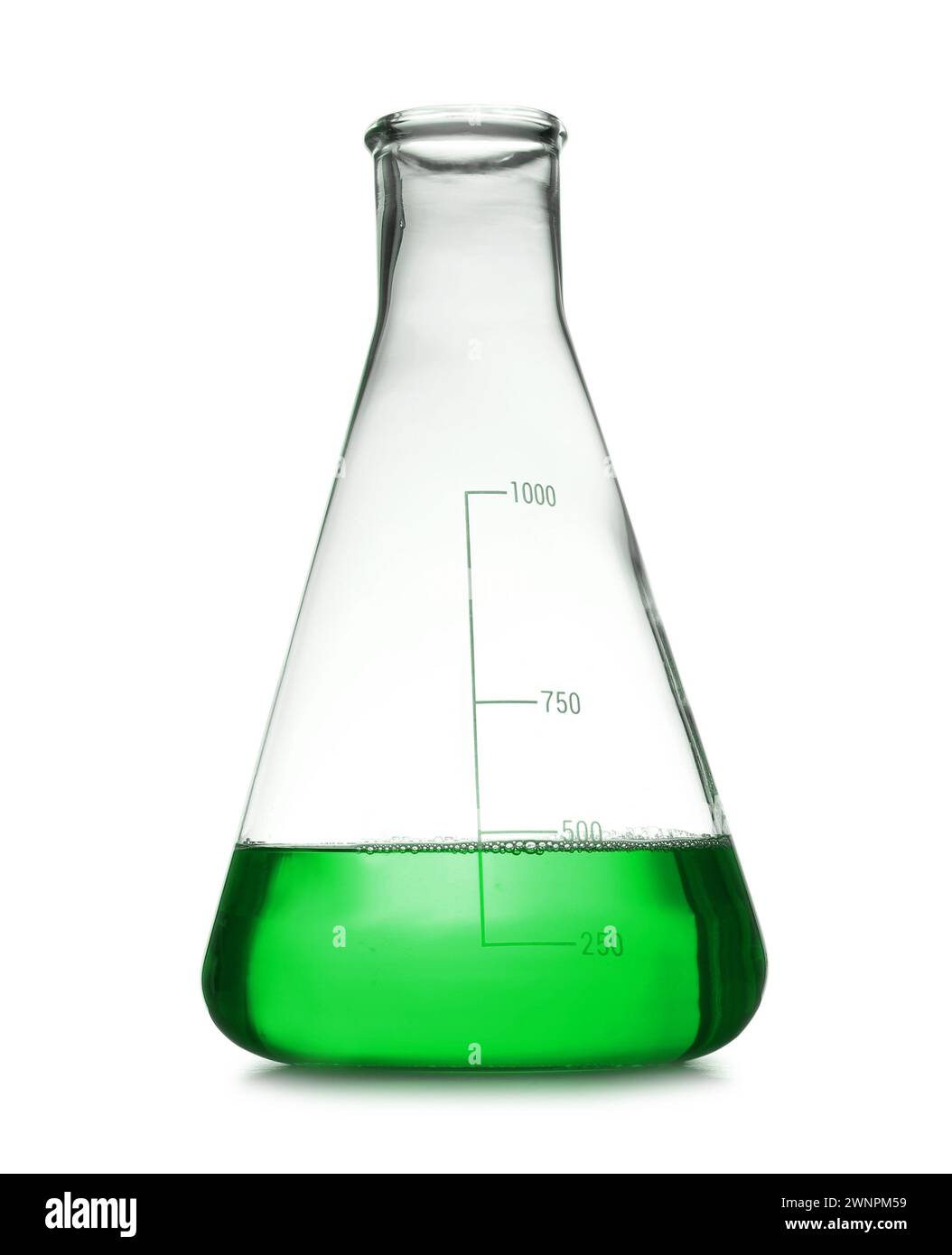 Conical flask with green liquid isolated on white. Laboratory glassware ...