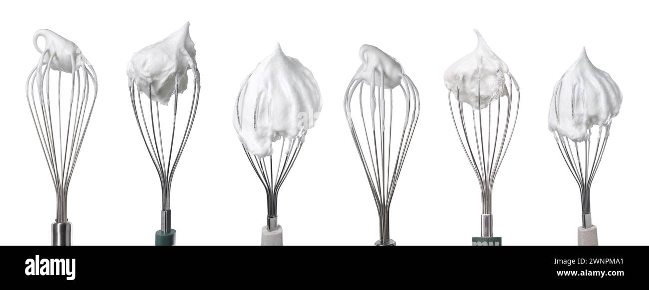 Many different whisks with cream isolated on white, collection Stock ...