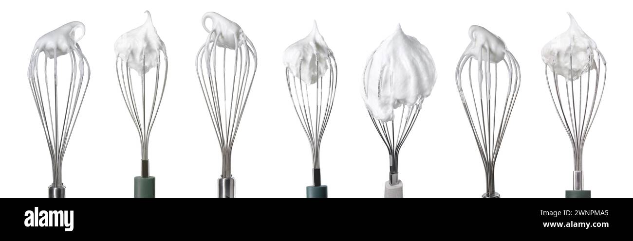 Many different whisks with cream isolated on white, collection Stock ...