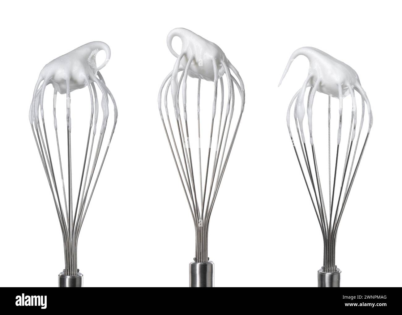 Many different whisks with cream isolated on white, collection Stock ...