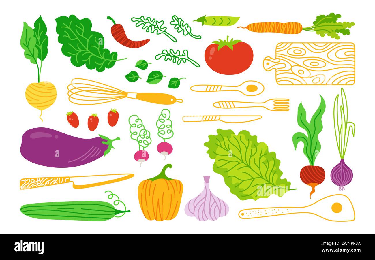 Vegetables and kitchen utensils cartoon drawing set. Vegetable carrot ...
