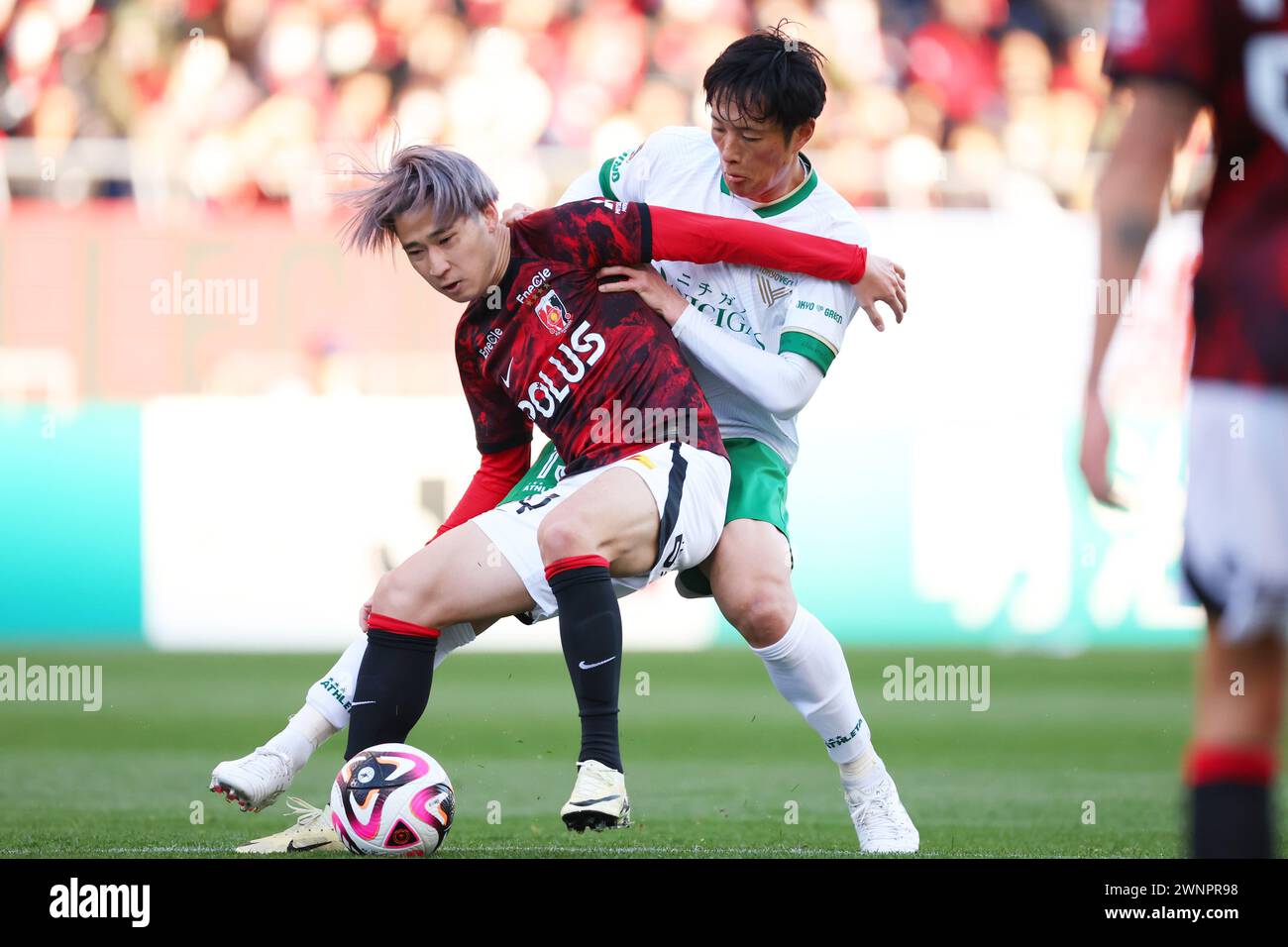 Saitama, Japan. 3rd Mar, 2024. (L to R) Yusuke Matsuo (Reds), Kohei Yamakoshi (Verdy) Football ...