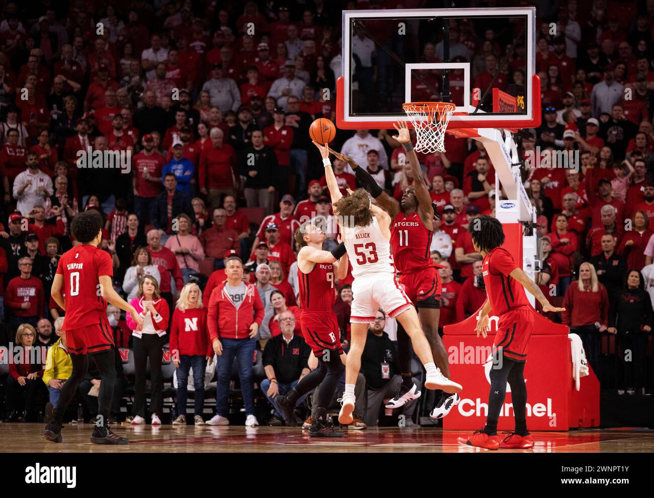 Nebraska's Josiah Allick (53) shoots against Rutgers' Oskar Palmquist ...
