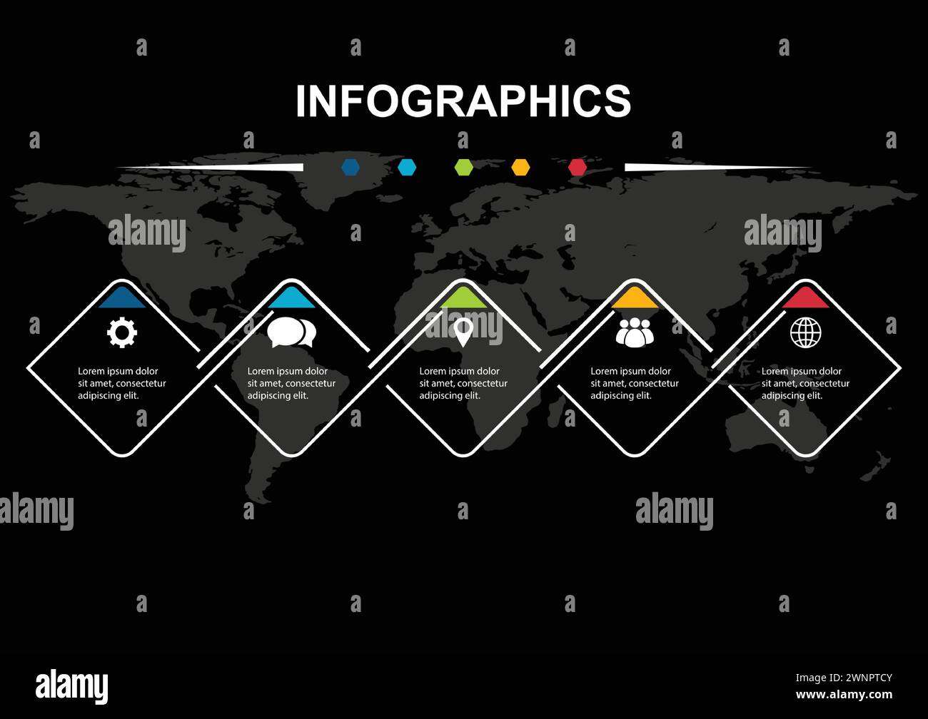 Infographic design with 5 rounded regtangles on black background, stock ...