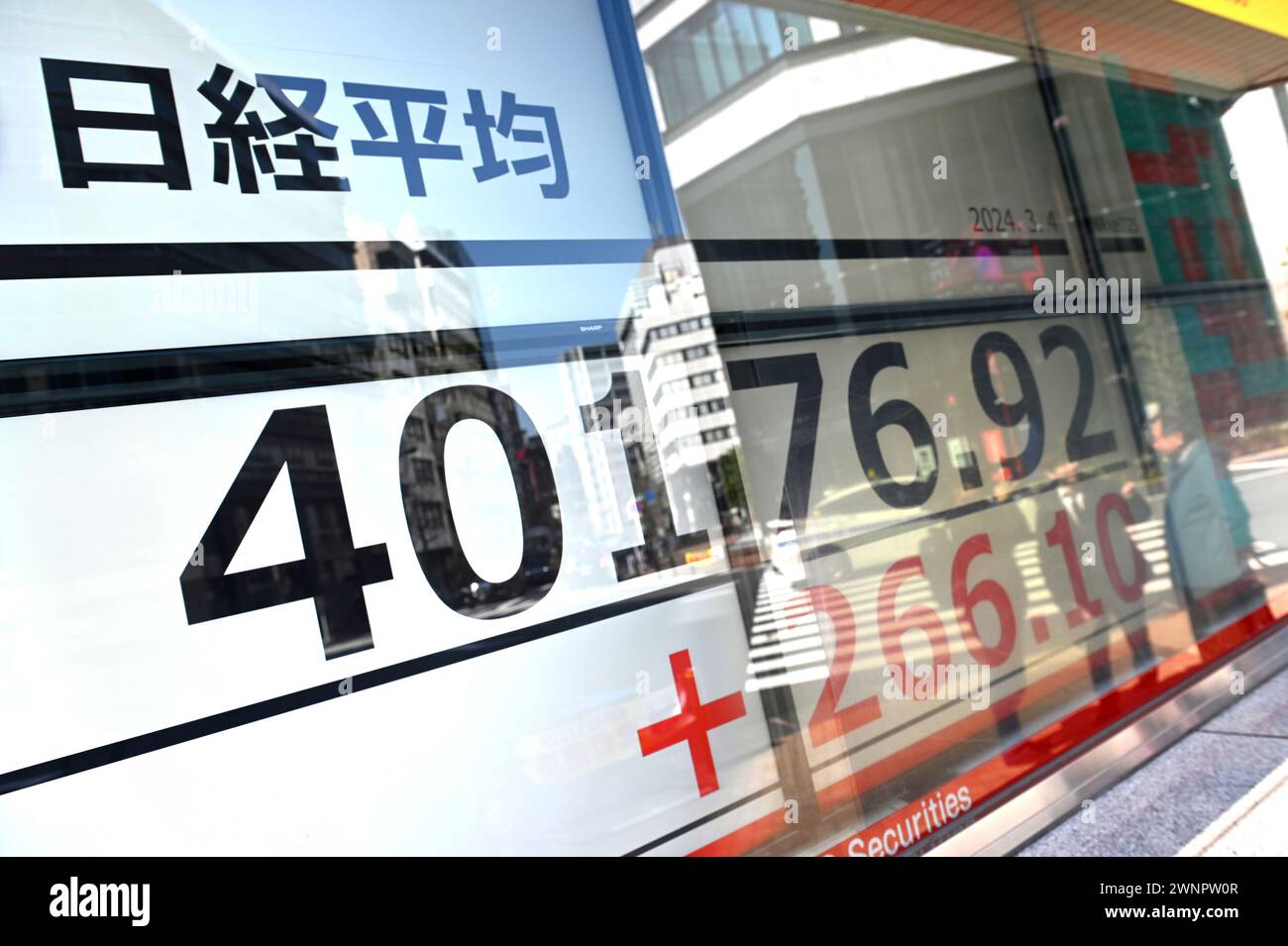 A monitor shows the price of Nikkei Stock Average in Tokyo on March 4 ...