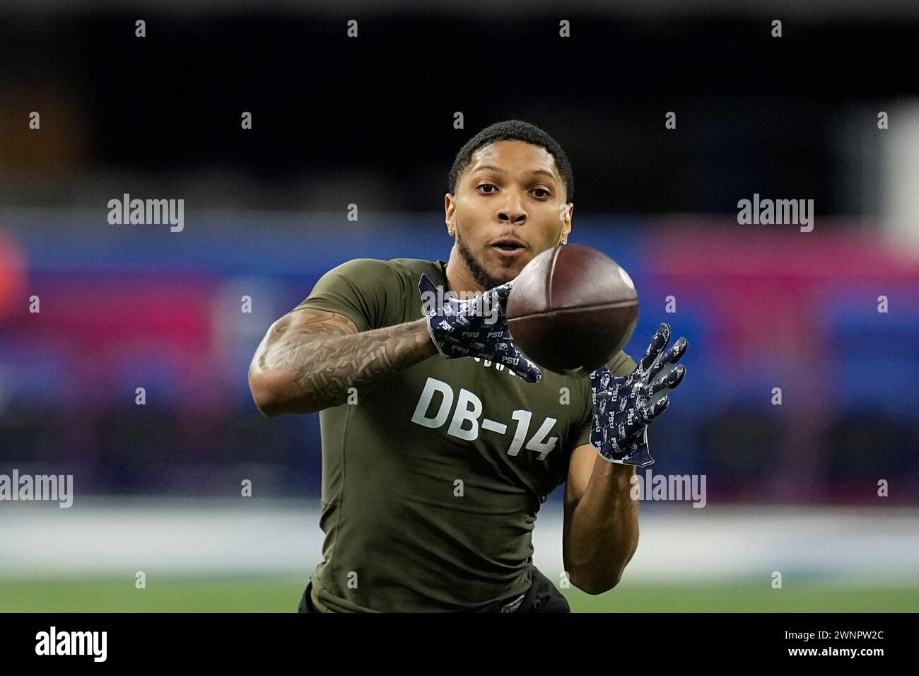Notre Dame defensive back Cam Hart runs a drill at the NFL football ...