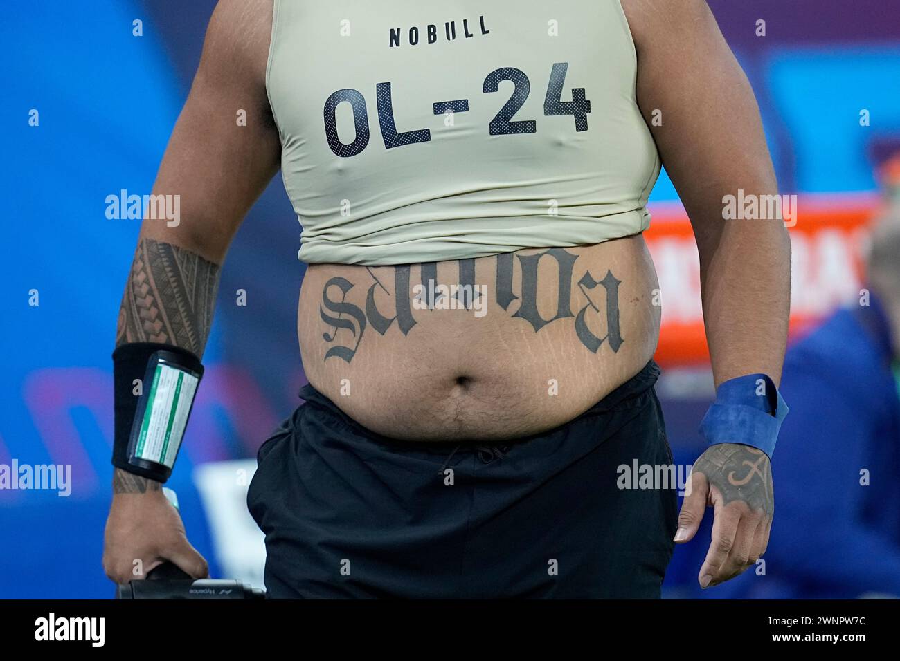 Oregon State offensive lineman Taliese Fuaga runs a drill at the NFL ...