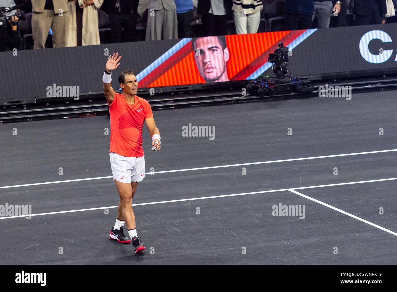 Las Vegas, USA. 03rd Mar, 2024. Rafael Nadal waves to the crowd after ...