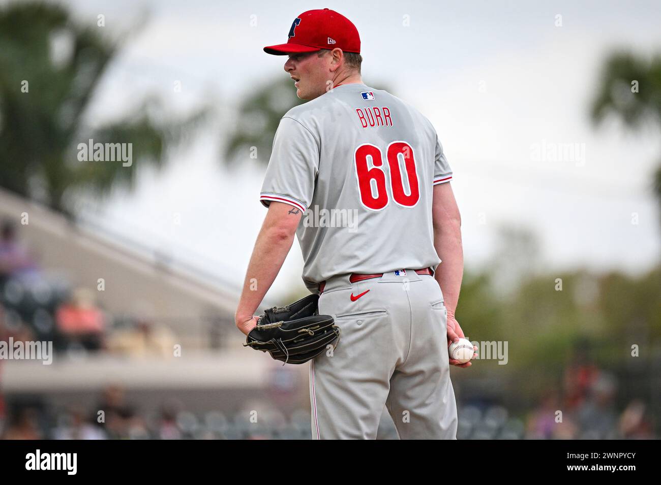 Philadelphia Phillies relief pitcher Ryan Burr (60) see the home plate ...
