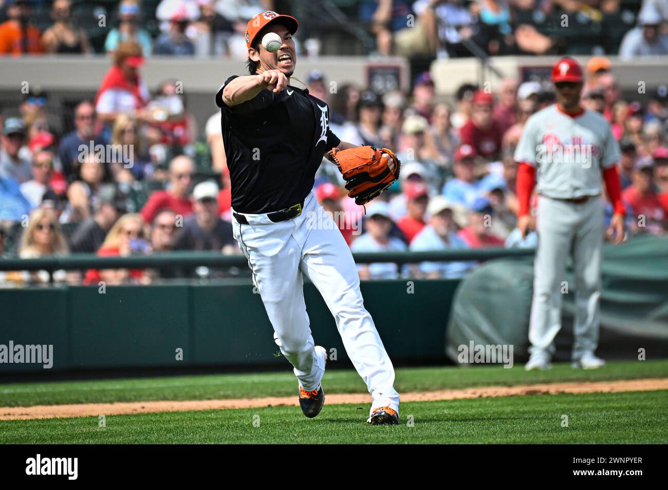 Detroit Tigers starting pitcher Kenta Maeda (18) throws to first base ...