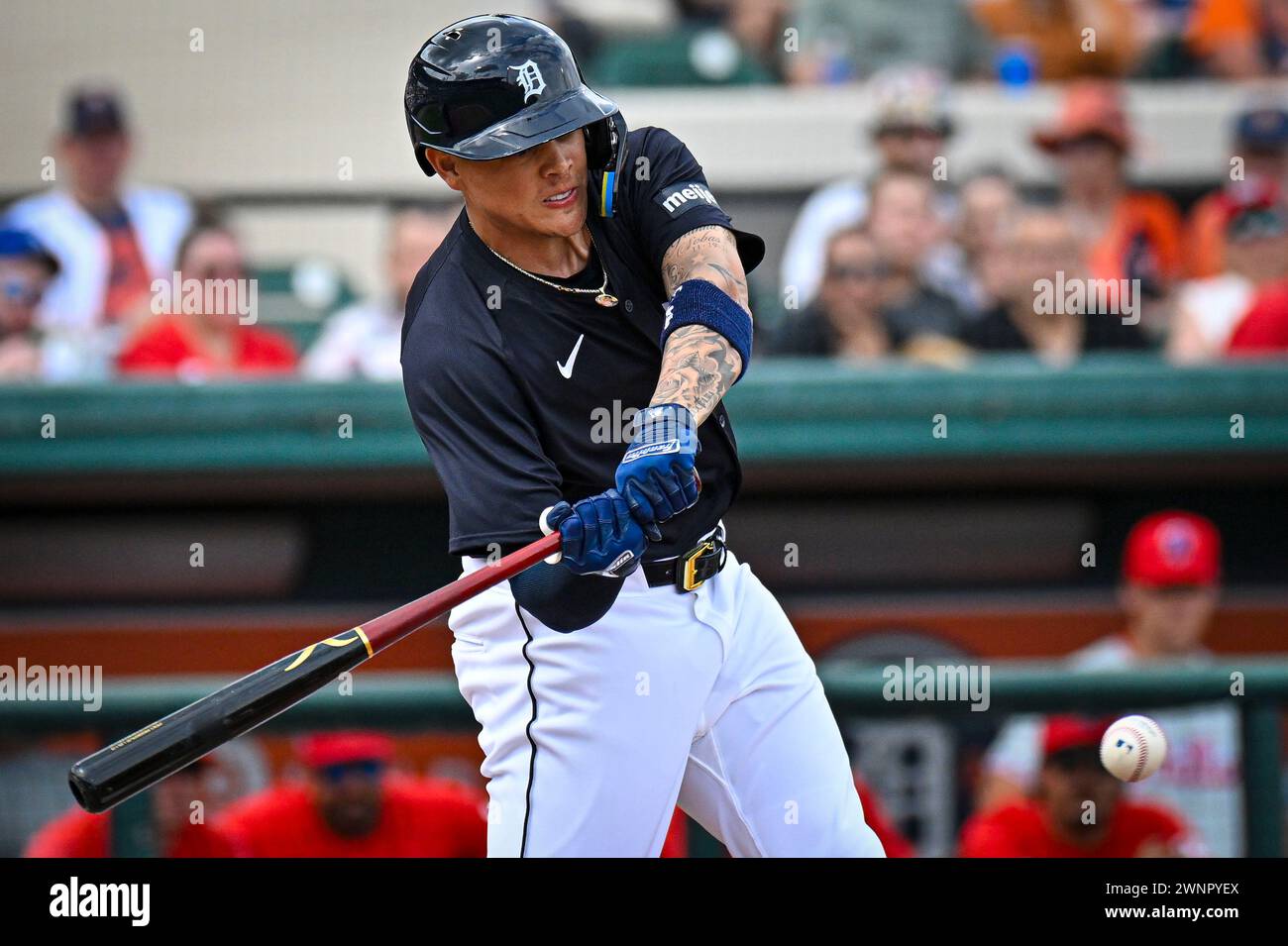 Detroit Tigers third baseman Gio Urshela (13) swings during his at-bat ...