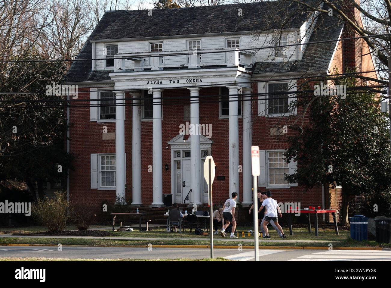 College Park, MD, USA. 3rd Mar, 2024. View of Alpha Tau Omega frat house as University of ...