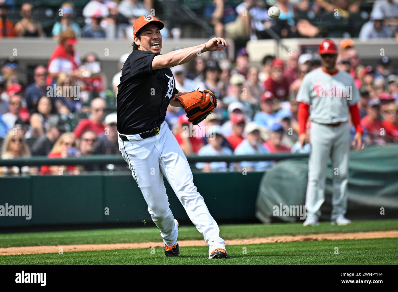 Detroit Tigers starting pitcher Kenta Maeda (18) throws to first base ...