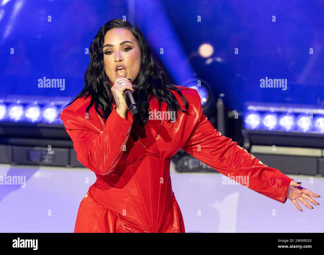 Demi Lovato wearing dress by Michael Ngo performs on stage during ...