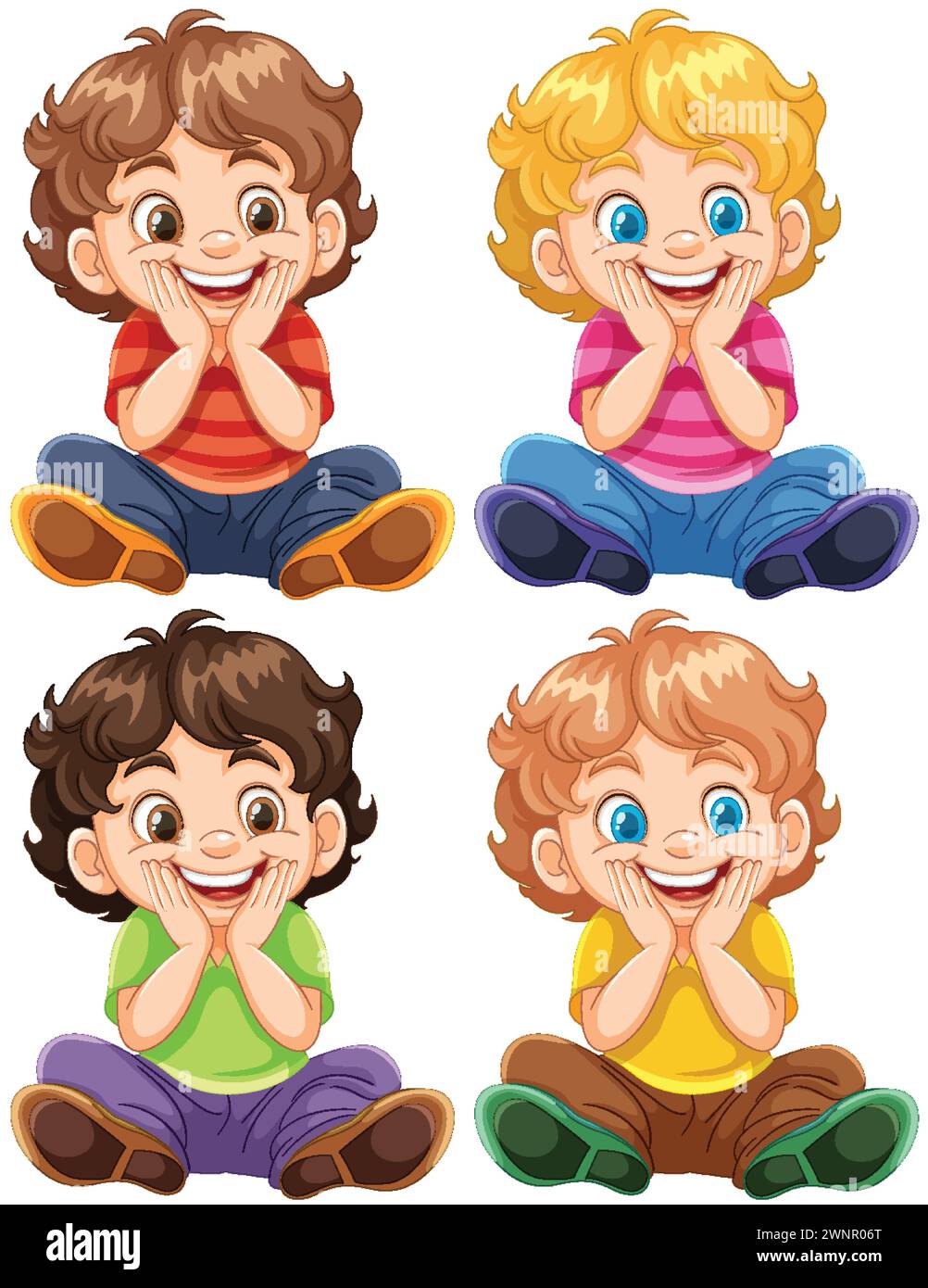 Four joyful cartoon kids sitting with excited expressions Stock Vector ...