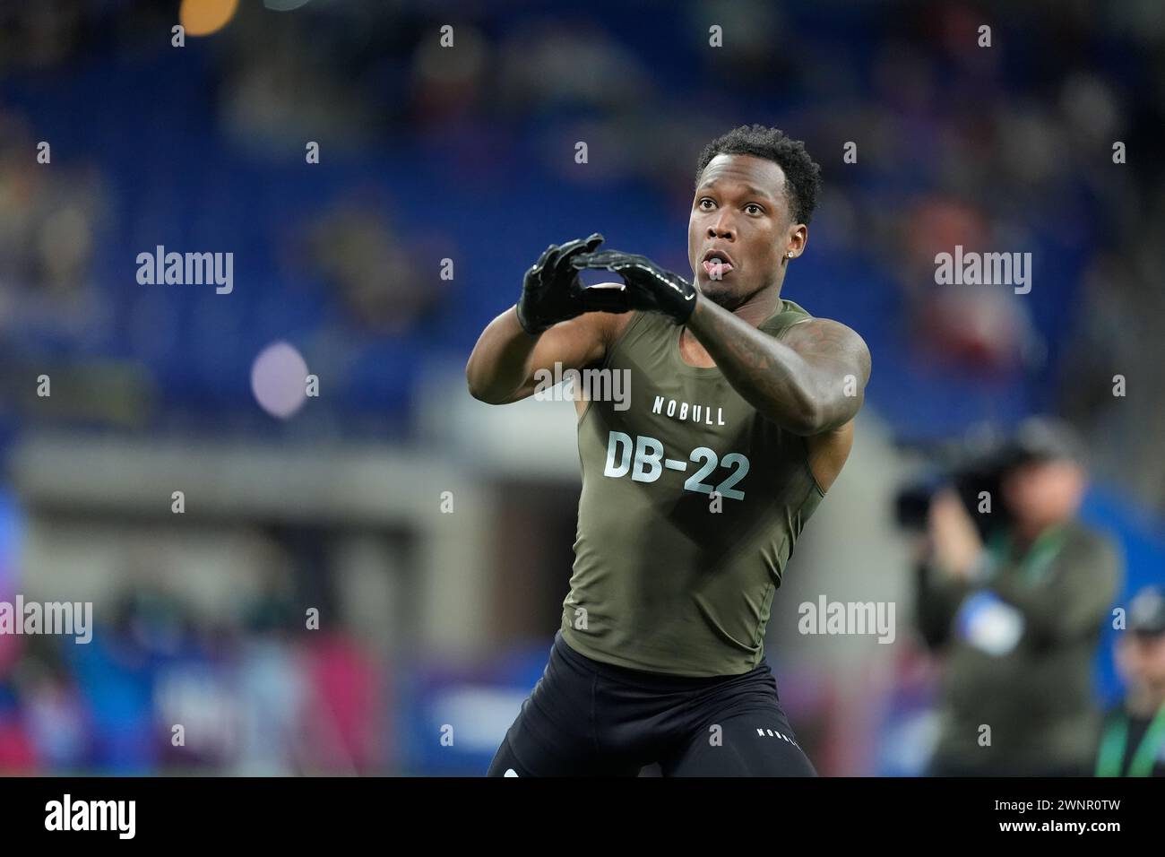 Penn State defensive back Kalen King runs a drill at the NFL football ...