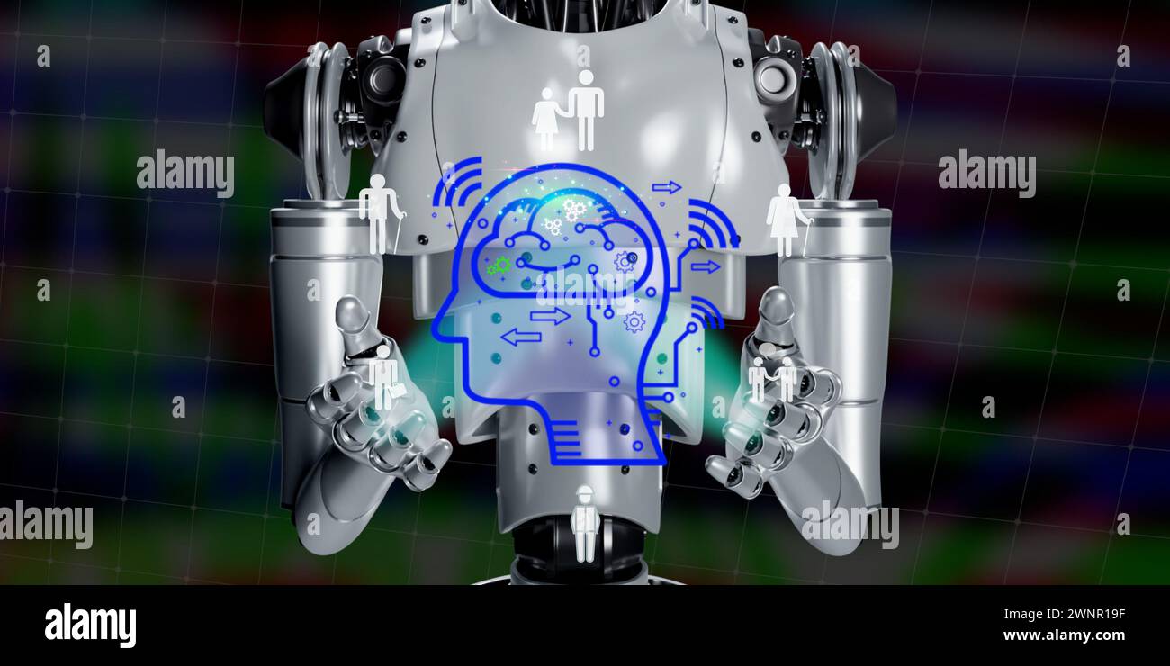 robotic render working with human making new idea in business ...