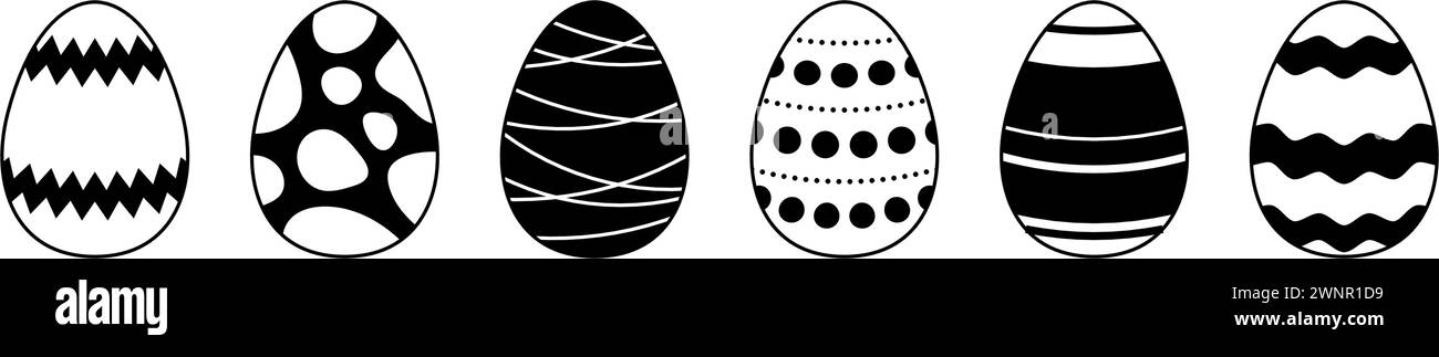 Black and white Easter eggs set. Spring egg collection with different ...