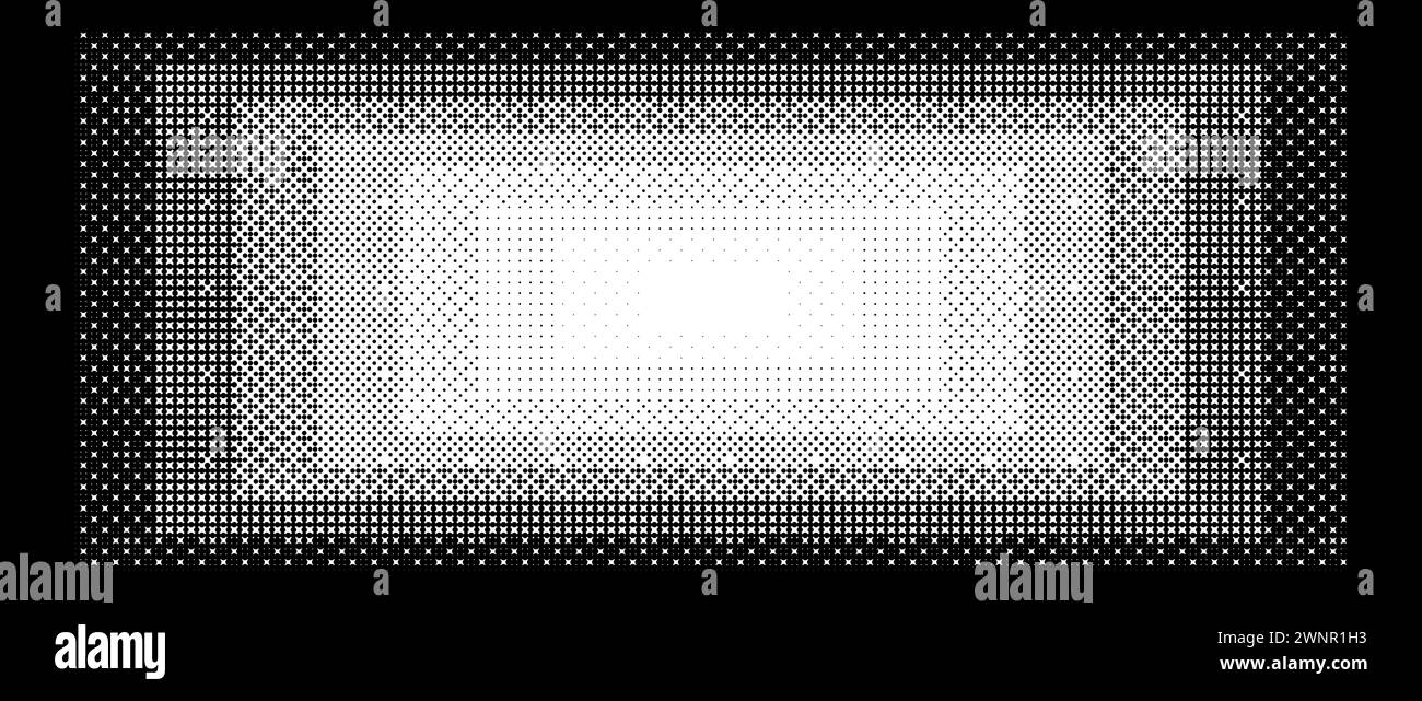 Pixelated gradient rectangle frame. Black dithered central gradation texture. Retro bitmap game ...