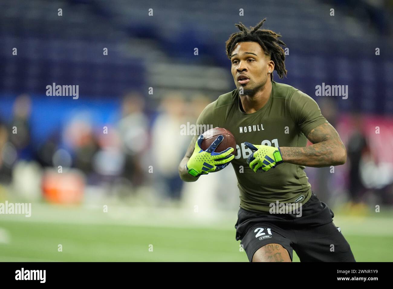 Florida State defensive back Jarrian Jones runs a drill at the NFL football scouting combine ...