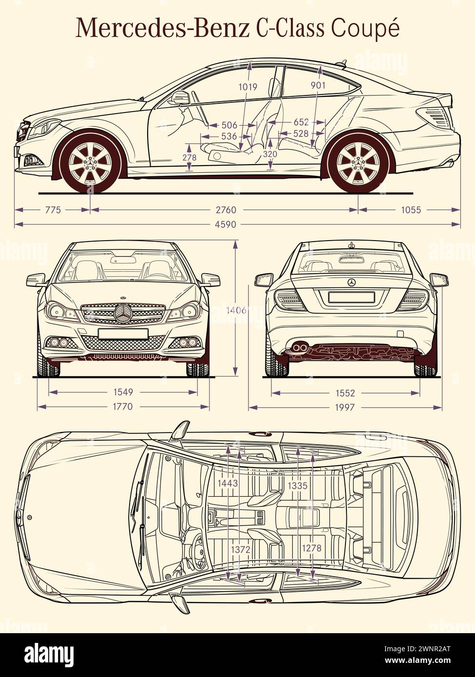 Mercedes Benz C Class Coupe 2010 car blueprint Stock Vector Image & Art ...
