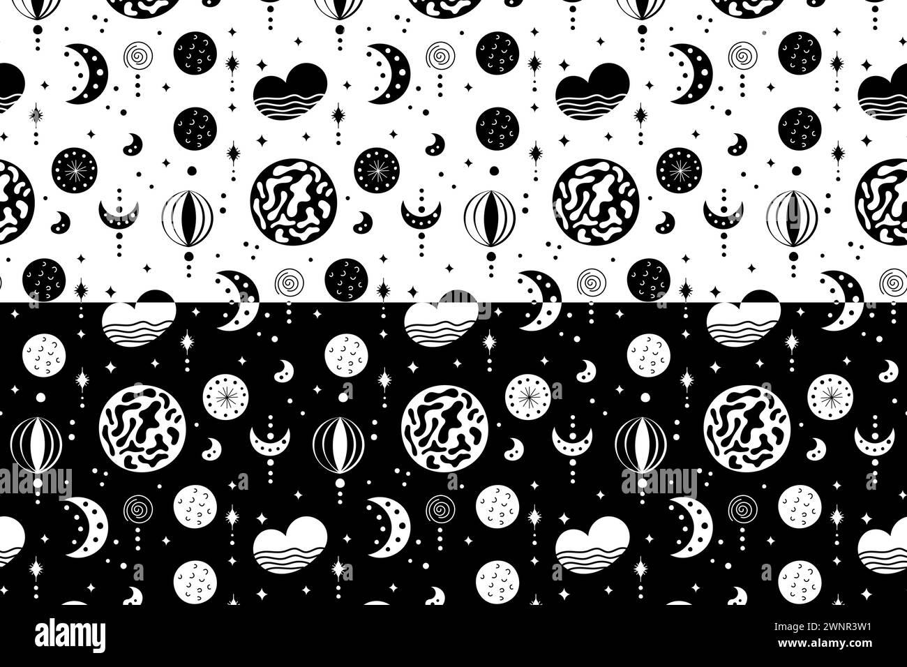 Seamless neo folk patterns with moon, cloud, sun and stars, black and ...