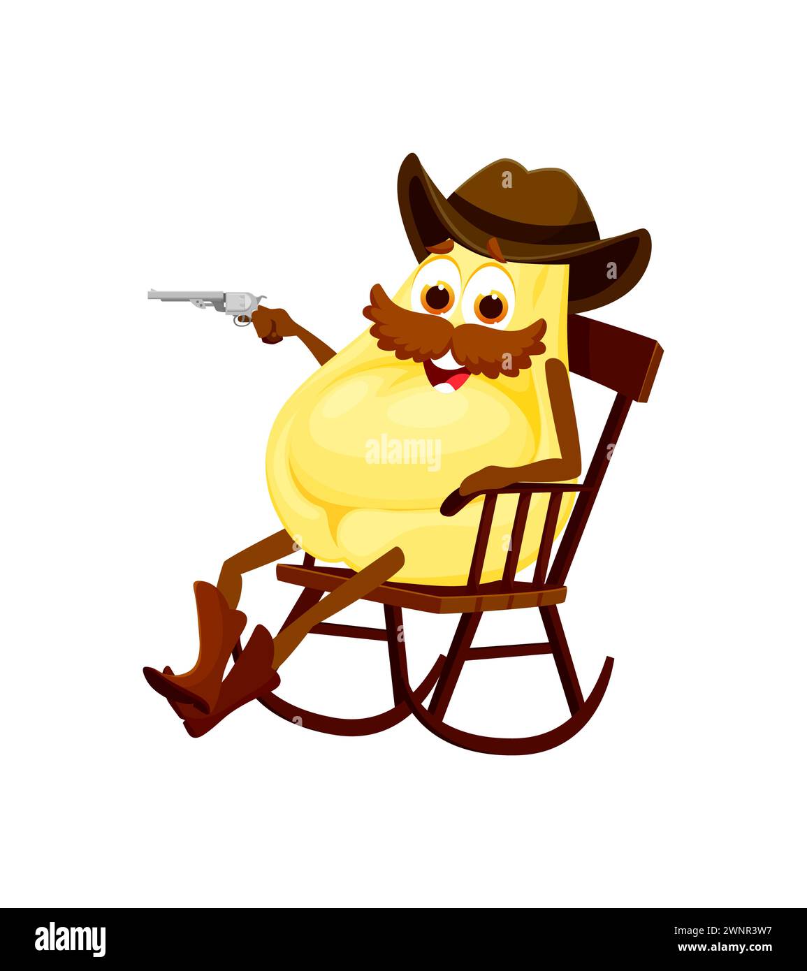 Cartoon italian pasta cowboy or sheriff character in rocking chair with ...