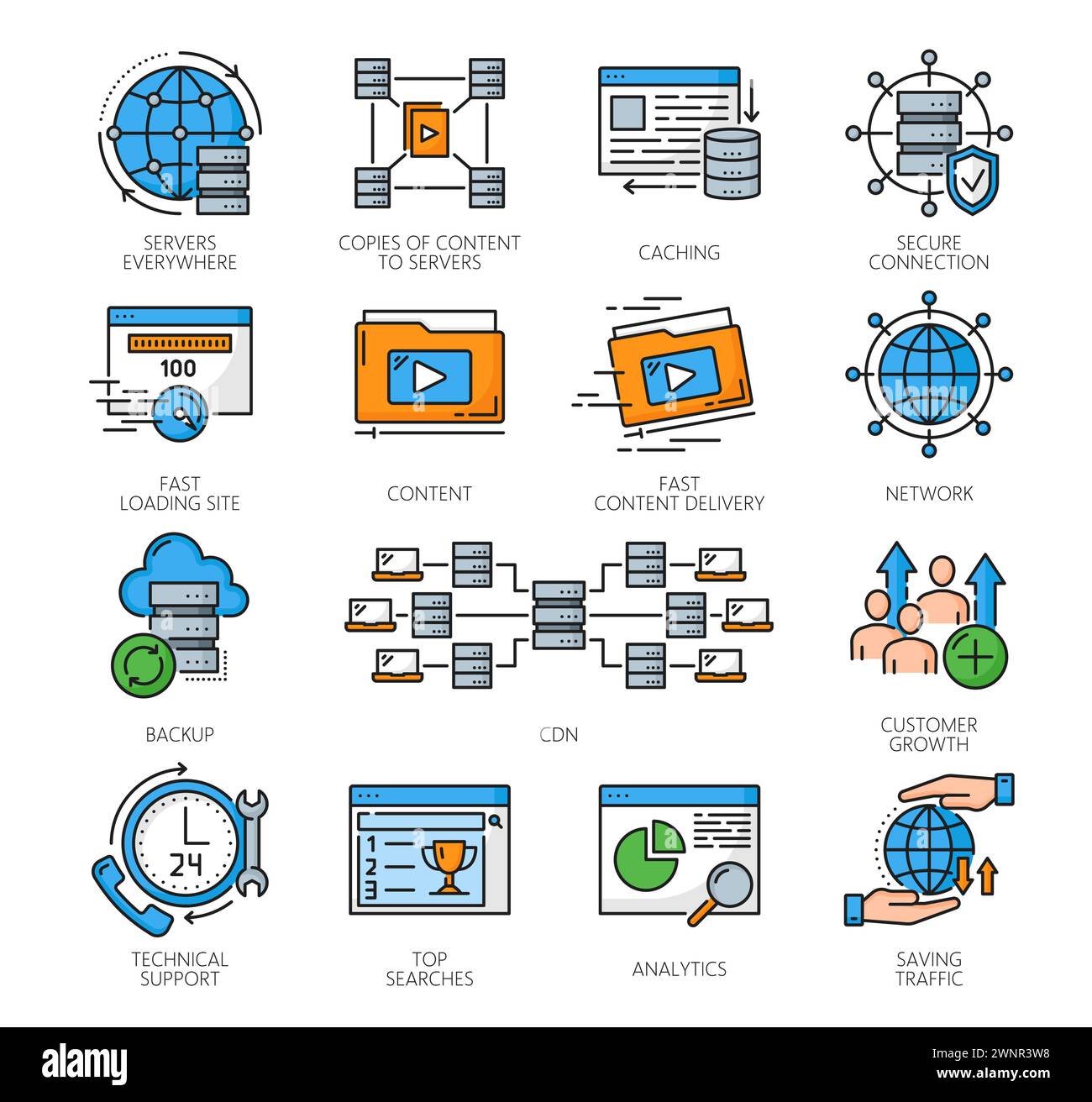 CDN content delivery network icons, digital media distribution service ...