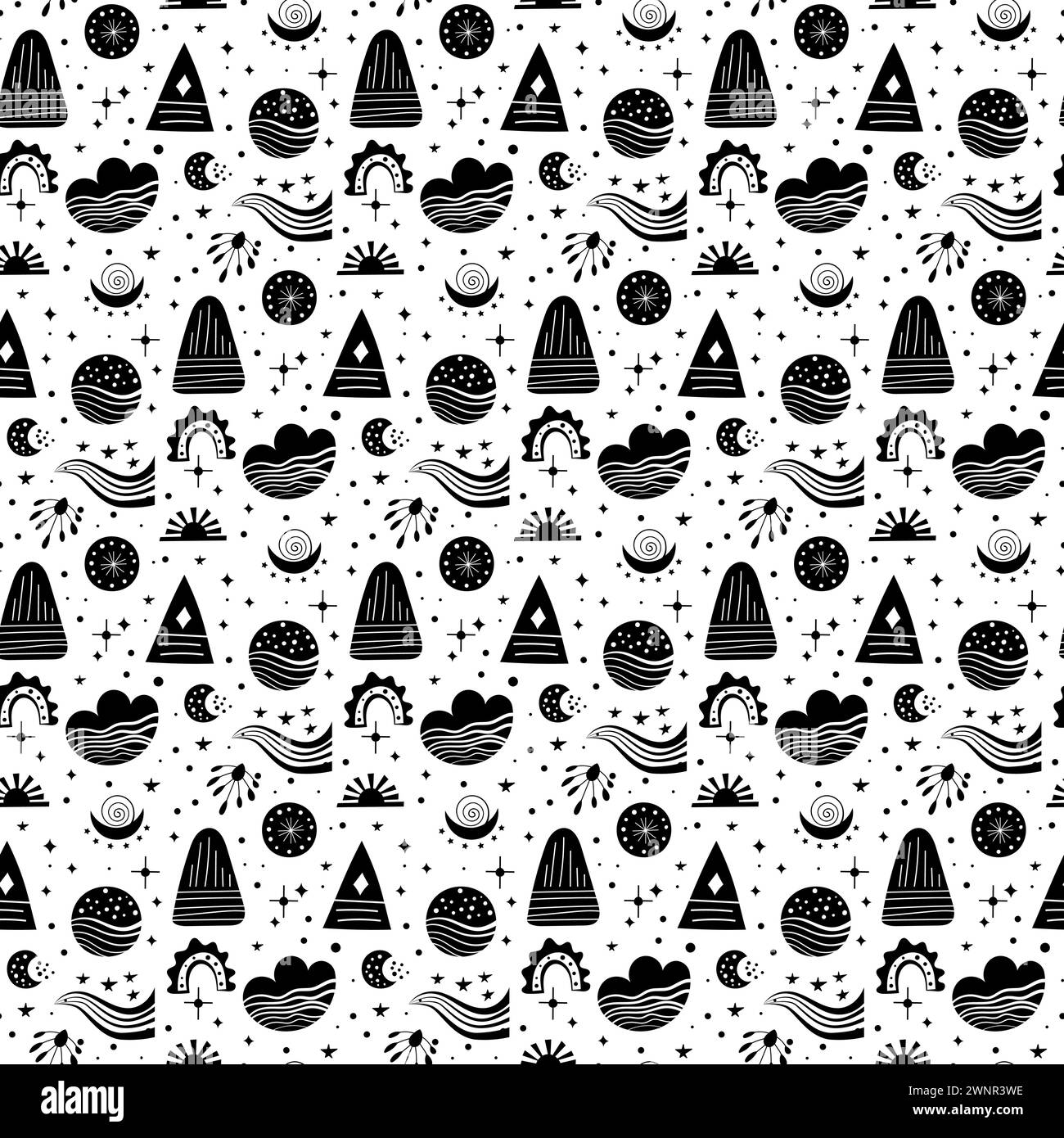 Seamless neo folk art vector pattern with mountains, moon and flowers ...