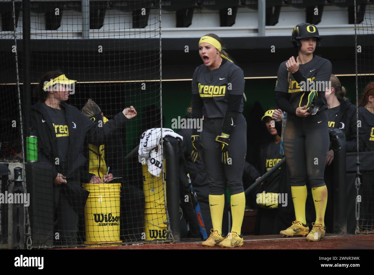 The Oregon bench reacts during an NCAA softball game against Mount St ...